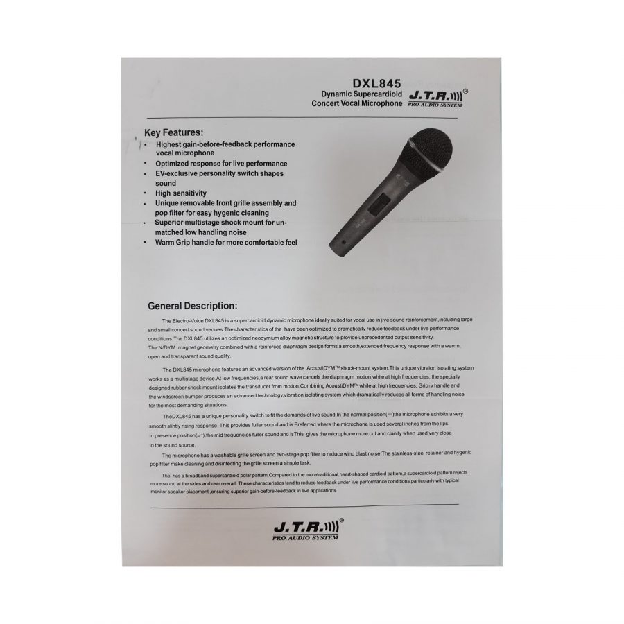 میکروفن داینامیک جی تی آر مدل JTR DXL-845 - فروشگاه اینترنتی بانی باند