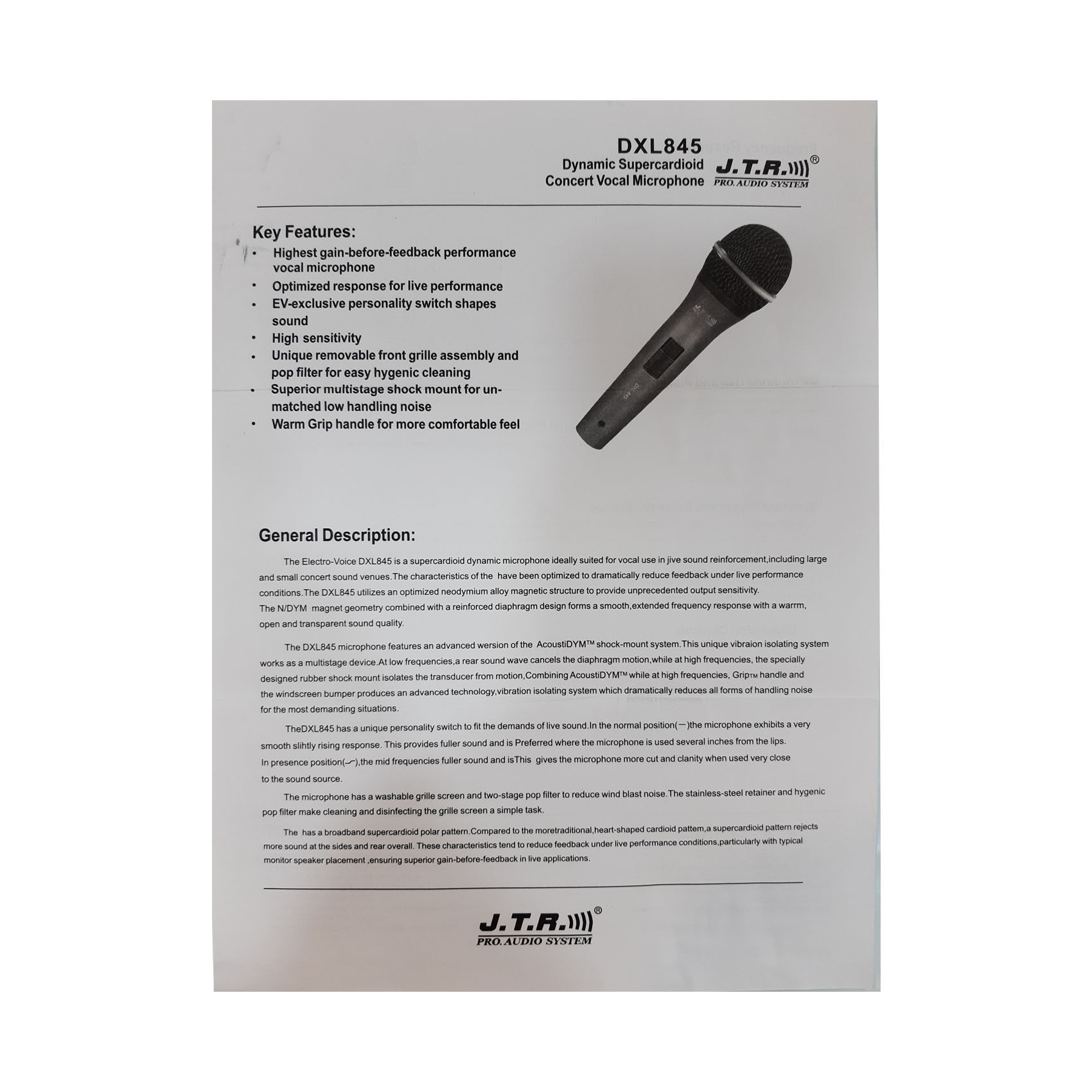 میکروفن داینامیک جی تی آر مدل JTR DXL-845 - فروشگاه اینترنتی بانی باند