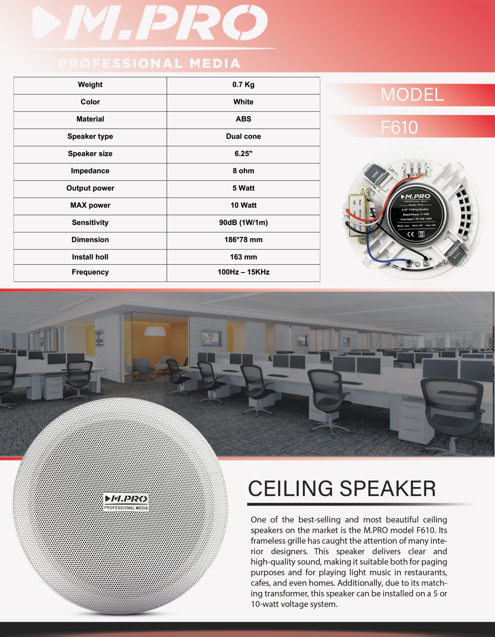 بلندگو سقفی فریم لس MPRO F610 - فروشگاه اینترنتی بانی باند